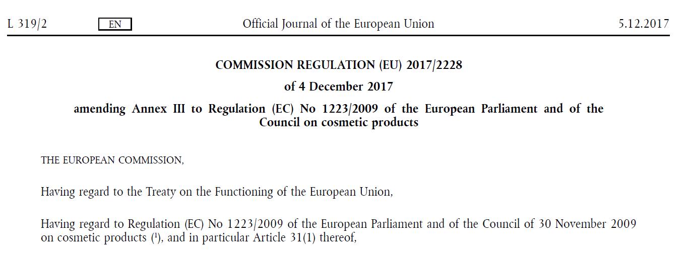 Two Restrictions Added Into Annex Iii To Regulation Ec No 12232009 On Cosmetic Products